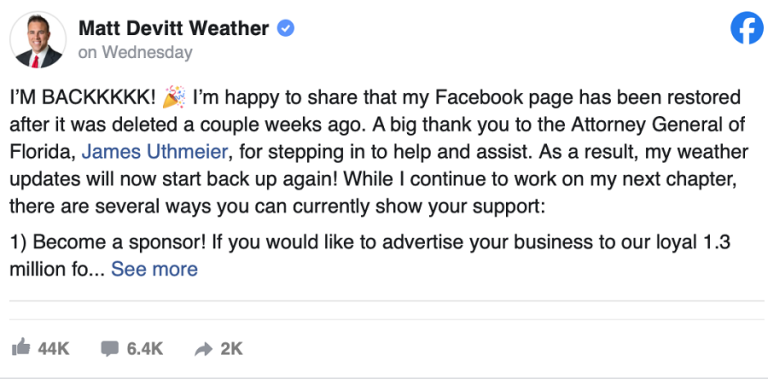 “I’M BACKKKKK!” Devitt returns to Facebook, credits Attorney General ...